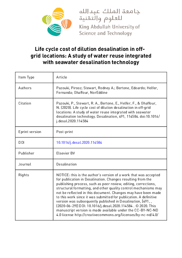 (PDF) Life cycle cost of dilution desalination in off-grid locations: A ...