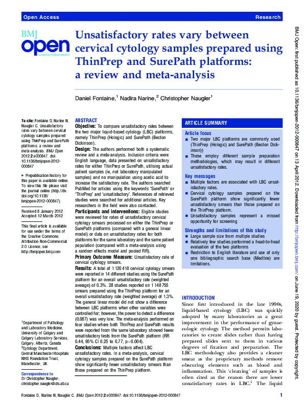 (PDF) Unsatisfactory rates vary between cervical cytology samples ...