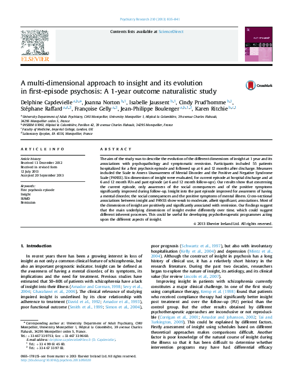 (PDF) A multi-dimensional approach to insight and its evolution in first-episode psychosis: A 1 ...