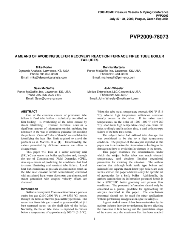 (PDF) A Means of Avoiding Sulfur Recovery Reaction Furnace Fired Tube ...