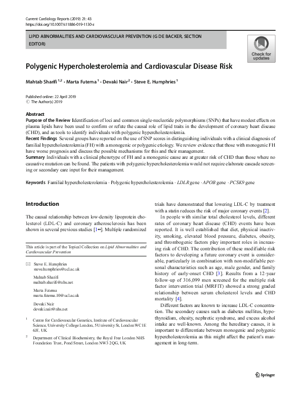(PDF) Polygenic Hypercholesterolemia and Cardiovascular Disease Risk