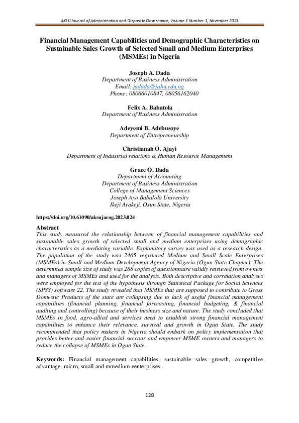 (PDF) Financial Management Capabilities and Demographic Characteristics on Sustainable Sales ...