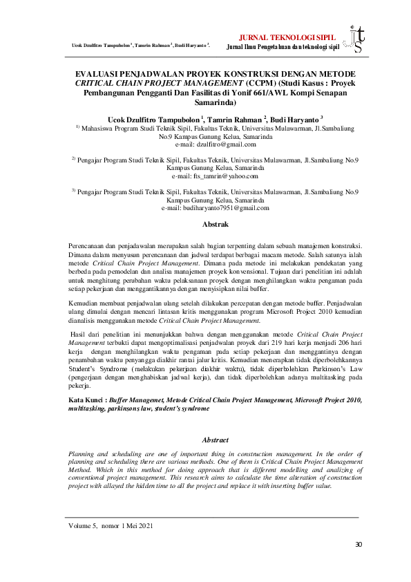 (PDF) EVALUASI PENJADWALAN PROYEK KONSTRUKSI DENGAN METODE CRITICAL CHAIN PROJECT MANAGEMENT ...