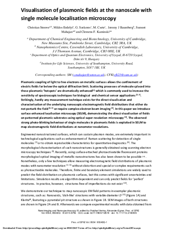 (PDF) Visualisation of plasmonic fields at the nanoscale with single ...