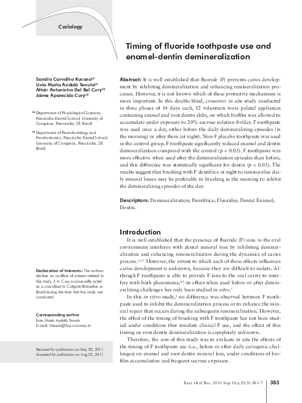 (PDF) Timing of fluoride toothpaste use and enamel-dentin demineralization