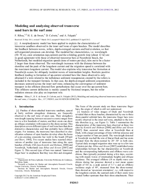 (PDF) Modeling and analyzing observed transverse sand bars in the surf zone