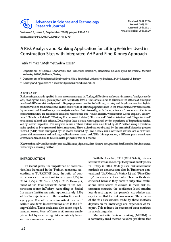(PDF) A Risk Analysis and Ranking Application for Lifting Vehicles Used ...