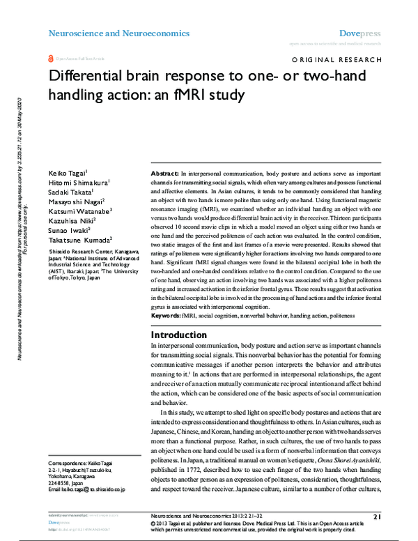 (PDF) Differential brain response to one- or two-hand handling action ...