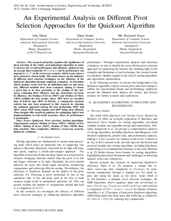 (PDF) An Experimental Analysis on Different Pivot Selection Approaches for the Quicksort Algorithm