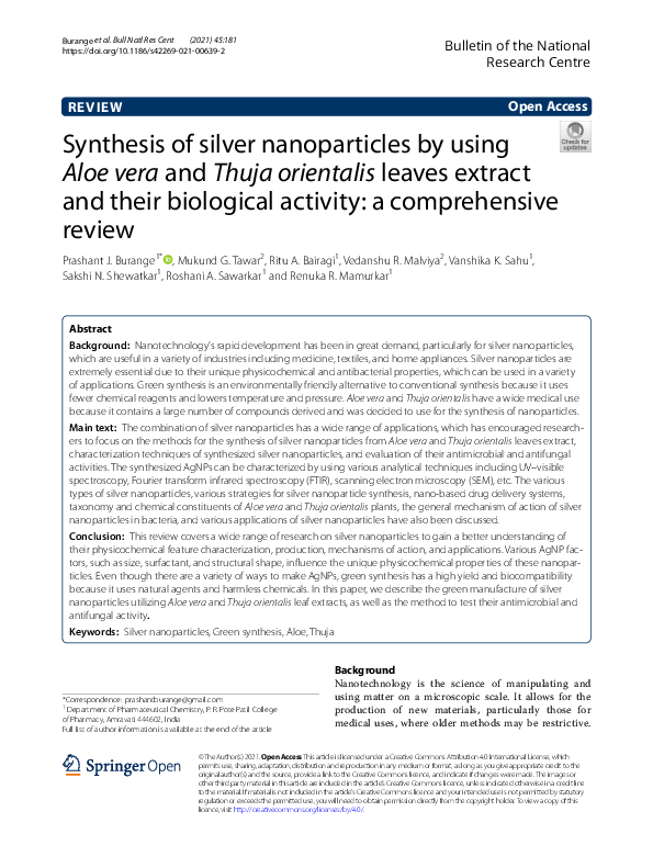 (PDF) Synthesis of silver nanoparticles by using Aloe vera and Thuja ...