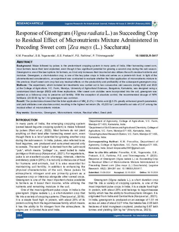(PDF) Response of Greengram (Vigna radiata L.) as Succeeding Crop to ...