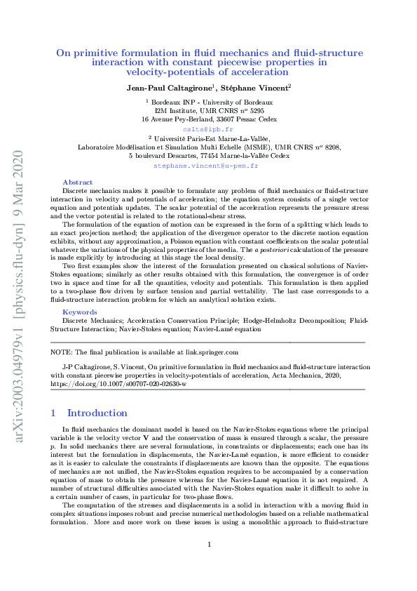 (PDF) On primitive formulation in fluid mechanics and fluid–structure ...