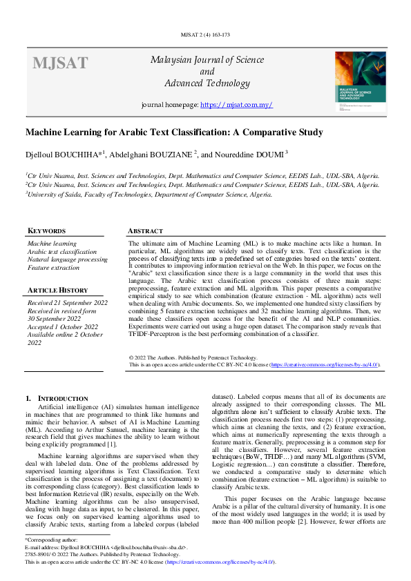 (PDF) Machine Learning for Arabic Text Classification: A Comparative Study