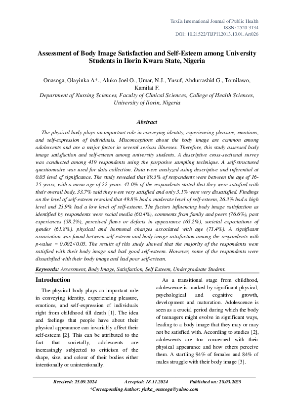(PDF) Assessment of Body Image Satisfaction and Self-Esteem among University Students in Ilorin ...