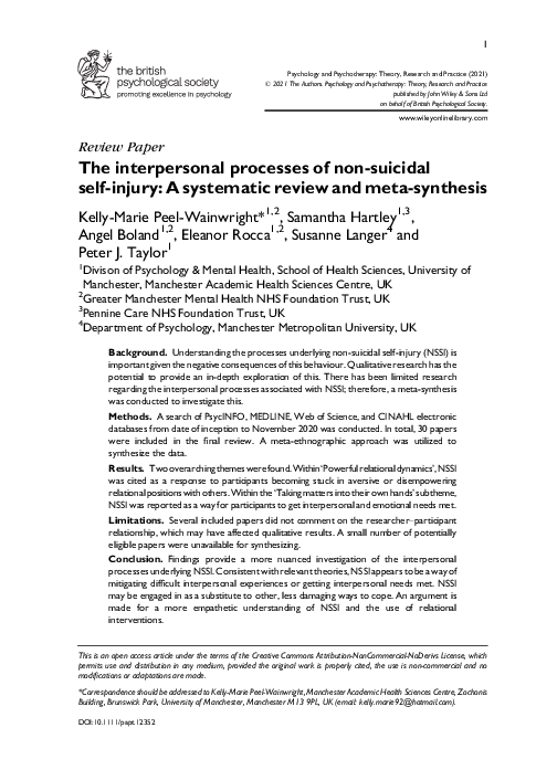 (PDF) The interpersonal processes of non‐suicidal self‐injury: A ...