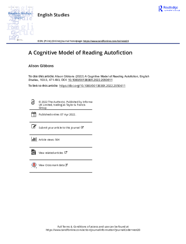 (PDF) Gibbons, A. (2022) ‘A Cognitive Model of Reading Autofiction ...
