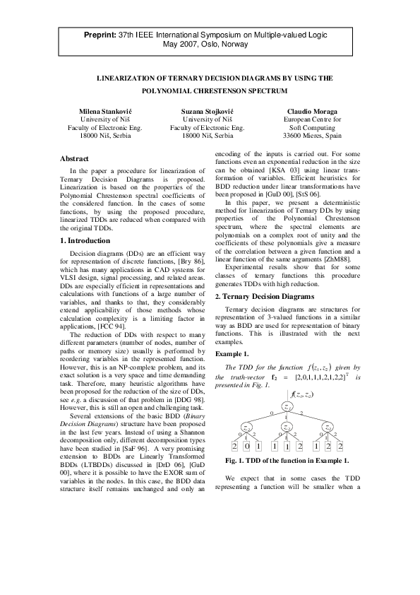 (PDF) Linearization of Ternary Decision Diagrams by Using the Polynomial Chrestenson Spectrum