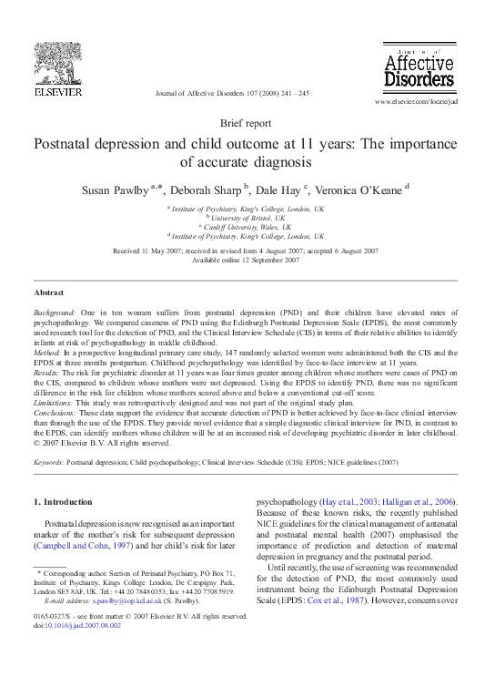 (PDF) Postnatal depression and child outcome at 11 years: The ...