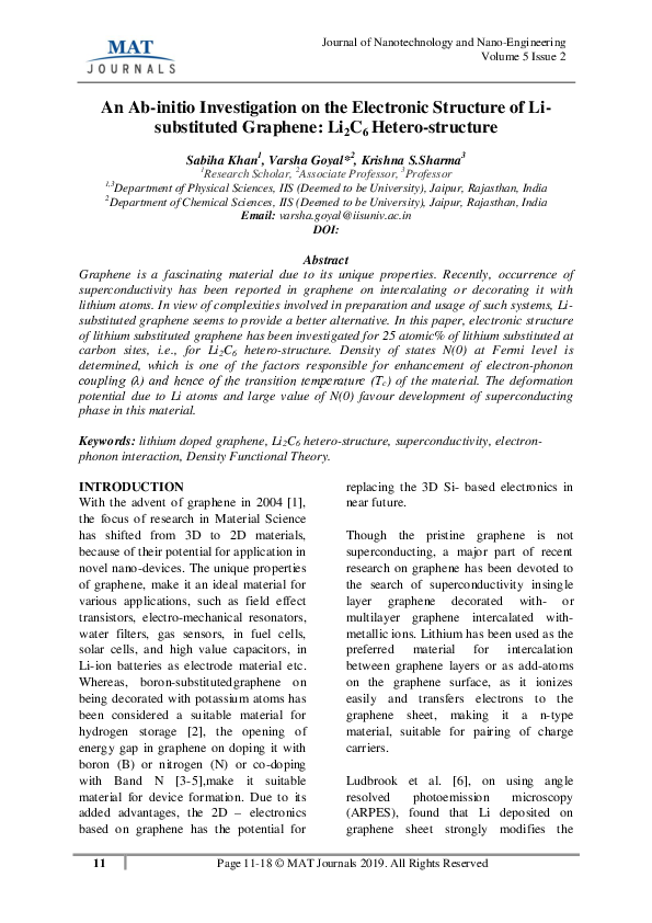 (PDF) An Ab-initio Investigation on the Electronic Structure of Li-substituted Graphene: Li2C6 ...