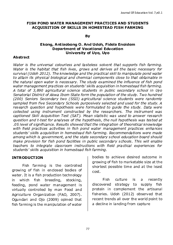 (PDF) FISH POND WATER MANAGEMENT PRACTICES AND STUDENTS ACQUISITION OF ...