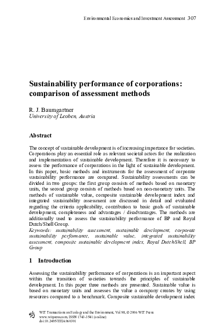 (PDF) Sustainability performance of corporations: comparison of ...