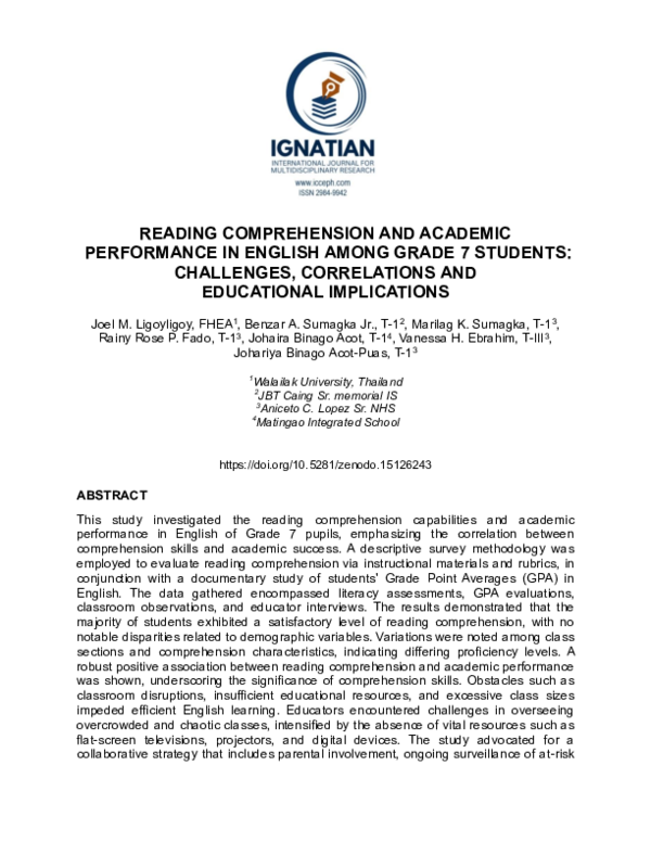 (PDF) READING COMPREHENSION AND ACADEMIC PERFORMANCE IN ENGLISH AMONG GRADE 7 STUDENTS ...