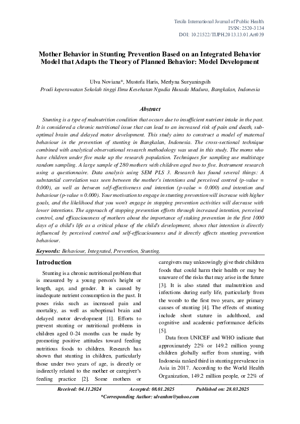 (PDF) Mother Behavior in Stunting Prevention Based on an Integrated Behavior Model that Adapts ...