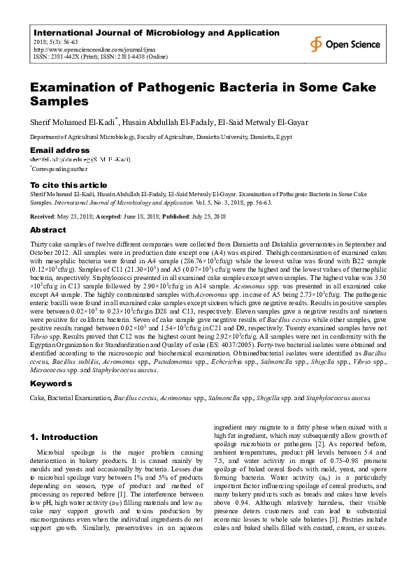 (PDF) Examination of Pathogenic Bacteria in Some Cake Samples