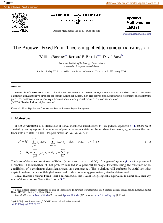 (PDF) The Brouwer Fixed Point Theorem applied to rumour transmission