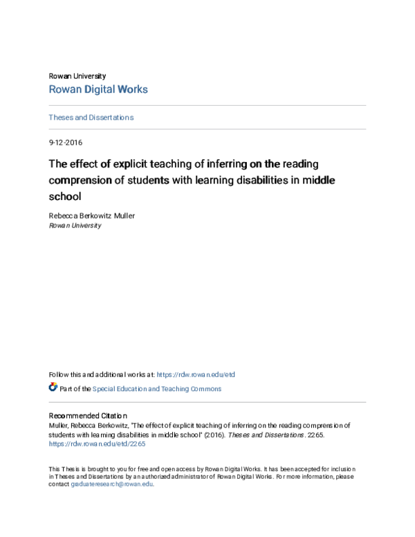 (PDF) The effect of explicit teaching of inferring on the reading comprehension of students with ...