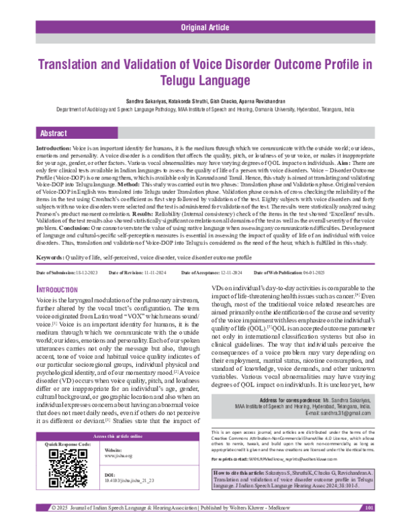 (PDF) Translation and Validation of Voice Disorder Outcome Profile in ...