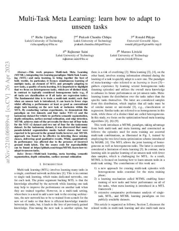 (PDF) Multi-Task Meta Learning: learn how to adapt to unseen tasks