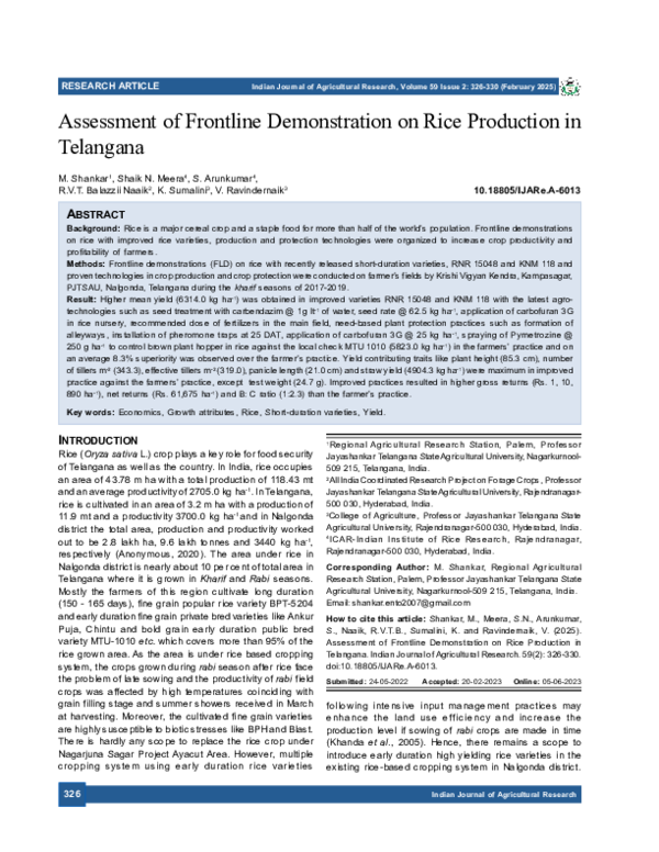 (PDF) Assessment of Frontline Demonstration on Rice Production in Telangana