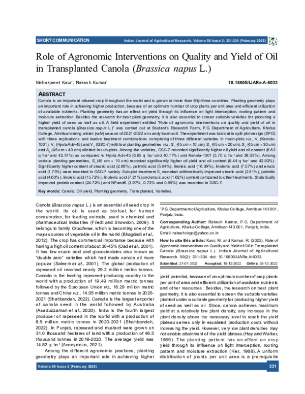 (PDF) Role of Agronomic Interventions on Quality and Yield of Oil in ...