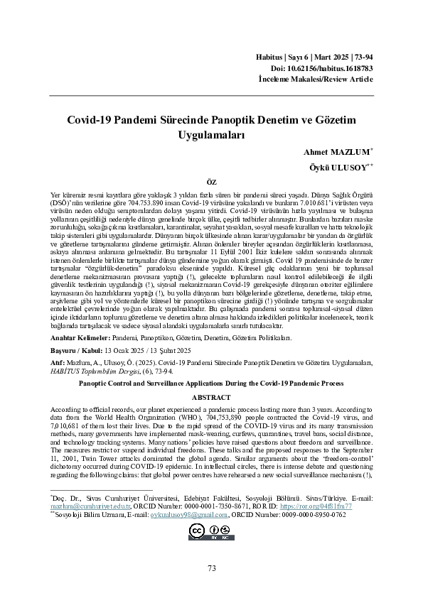 (PDF) Covid-19 Pandemi Sürecinde Panoptik Denetim ve Gözetim Uygulamaları