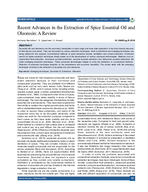 (PDF) Recent Advances in the Extraction of Spice Essential Oil and ...