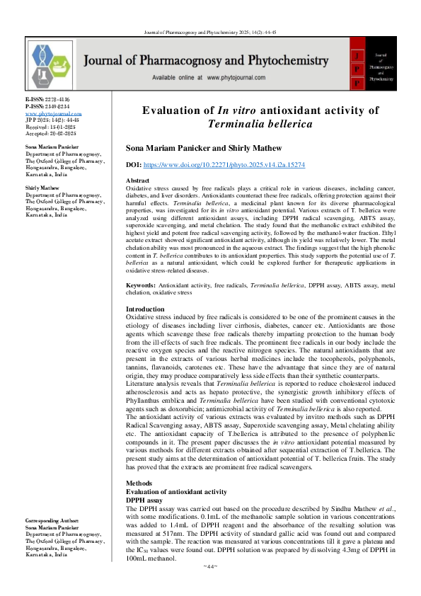 (PDF) Evaluation of In vitro antioxidant activity of Terminalia bellerica