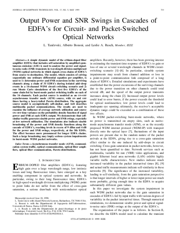 (PDF) Output power and SNR swings in cascades of EDFAs for circuit- and packet-switched optical ...