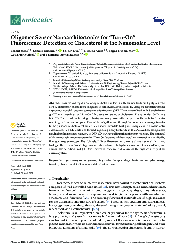 Pdf Oligomer Sensor Nanoarchitectonics For “turn On” Fluorescence Detection Of Cholesterol At