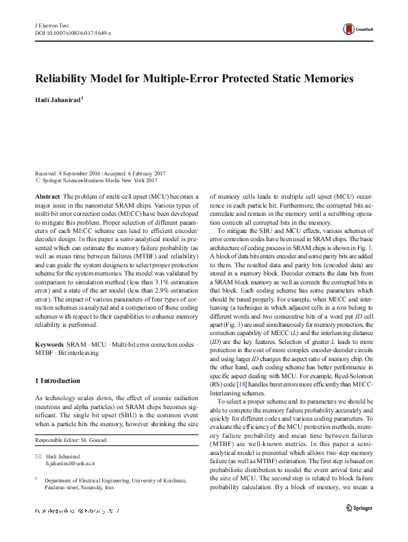 (PDF) Reliability Model for Multiple-Error Protected Static Memories