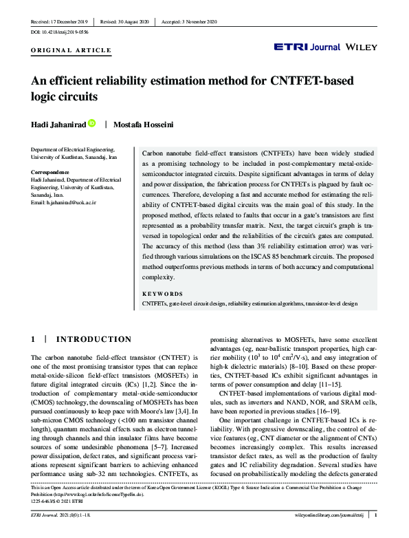 (PDF) An efficient reliability estimation method for CNTFET‐based logic circuits