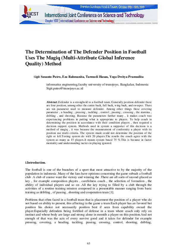 (PDF) The Determination of The Defender Position in Football Uses The ...