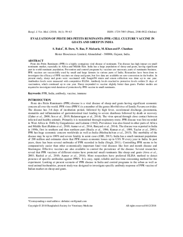 (PDF) Evaluation of Peste Des Petits Ruminants (PPR) Cell Culture ...