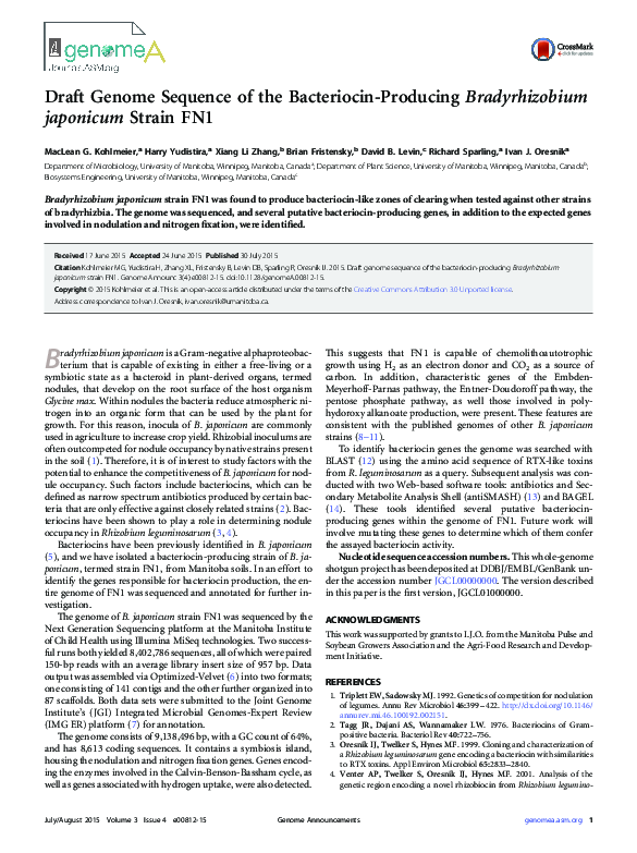 (PDF) Draft Genome Sequence of the Bacteriocin-Producing Bradyrhizobium japonicum Strain FN1