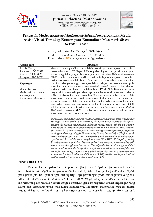 (PDF) Pengaruh Model Realistic Mathematic Education Berbantuan Media Audio Visual Terhadap ...