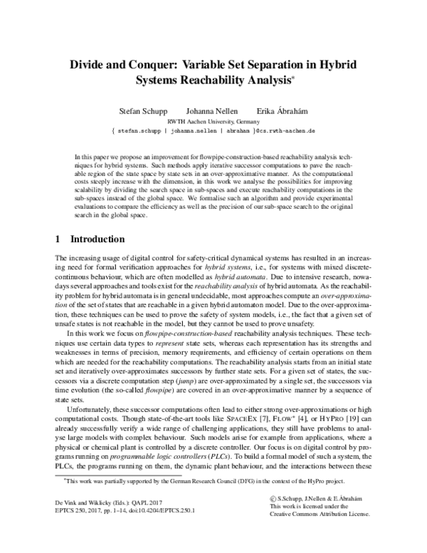 (PDF) Divide and Conquer: Variable Set Separation in Hybrid Systems Reachability Analysis