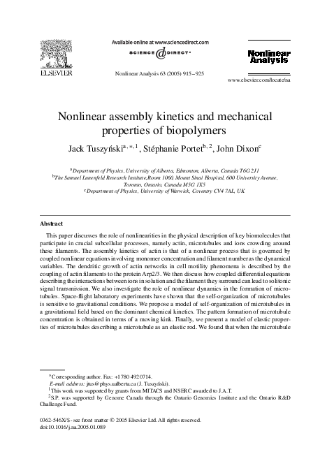 (PDF) Nonlinear assembly kinetics and mechanical properties of biopolymers