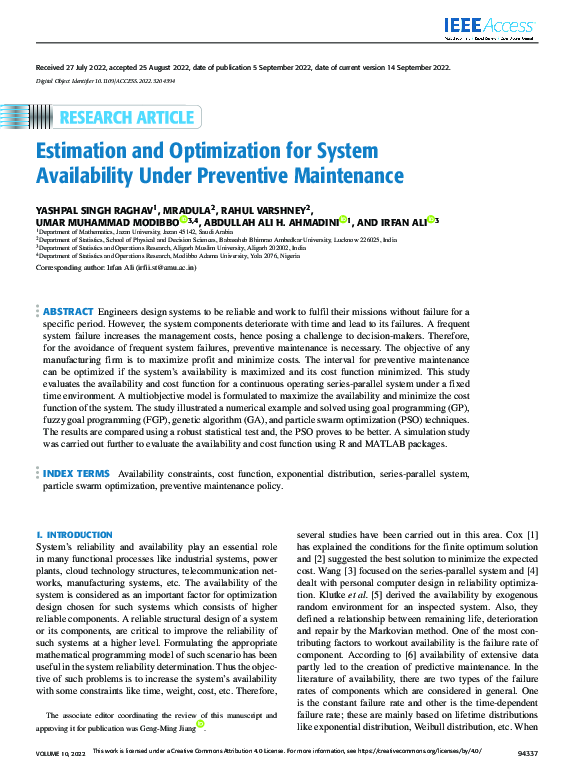 (PDF) Estimation and Optimization for System Availability Under Preventive Maintenance