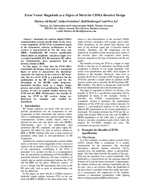 (PDF) Error Vector Magnitude as a Figure of Merit for CDMA Receiver Design