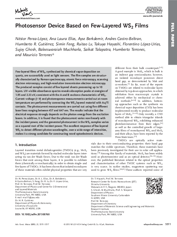 (PDF) Photosensor Device Based on Few‐Layered WS2 Films